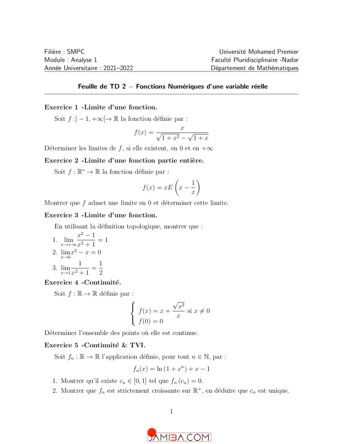 Exercices de Fonctions Numériques d’une variable réelle | Faculté ...
