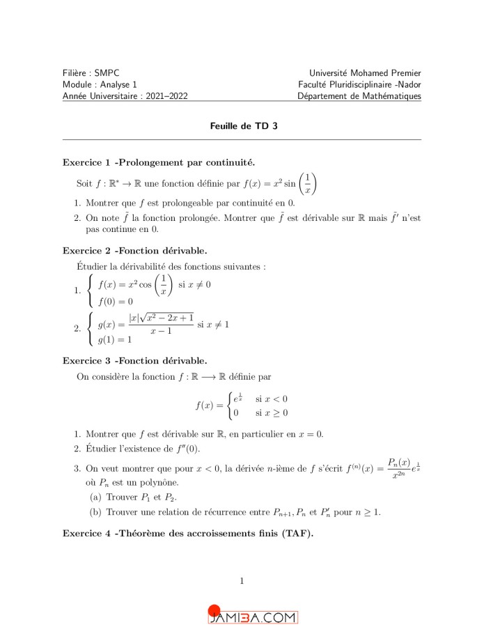 Exercices analyse 1 | Faculté pluridisciplinaire de nador