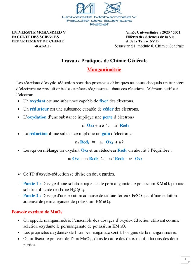 Travaux Pratiques de Chimie Générale Manganimétrie | Faculté des ...