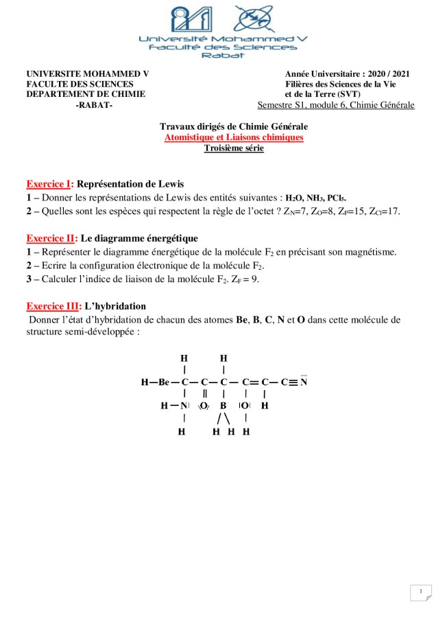 Série 3 Atomistique et Liaisons chimiques | Faculté des sciences de rabat