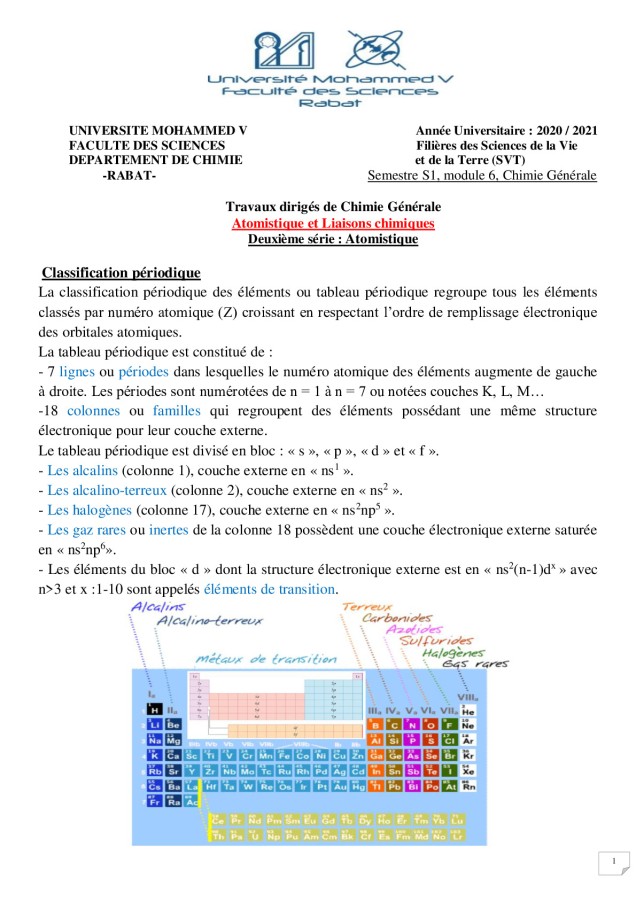 Série 3 Atomistique et Liaisons chimiques | Faculté des sciences de rabat