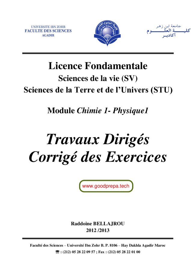 Travaux Dirigés Corrigé des Exercices | Faculté des sciences – agadir (FSA)