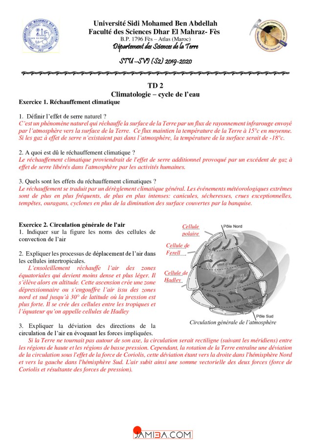 Solution TD 2 Climatologie – cycle de l’eau | Faculté des Sciences Fès